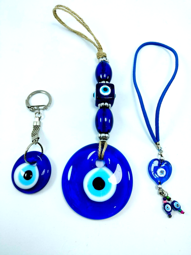 Turkish Evil Eye Set of 3 Glass Beads Charm Home Decor + Key Holder ...