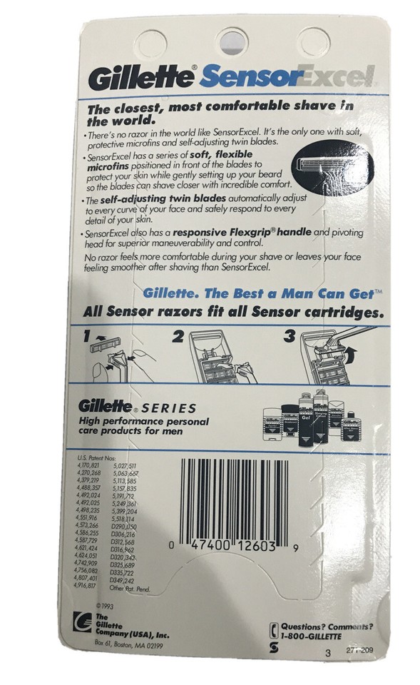 Gillette Sensor Excel Razor Handle TWO Cartridges with Shaver Made USA ...