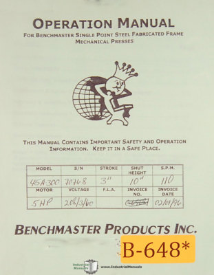 Benchmaster 45A – 300 C, Press Operations and Parts Manual Year (1996 ...