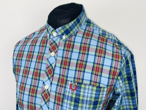 Vintage Fred Perry Blue PATCHWORK TARTAN Long Sleeve Shirt Size Medium ...