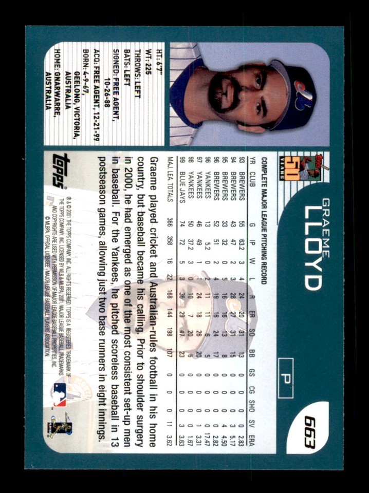 2001 Baseball Topps Graeme Lloyd Montreal Expos #663 | eBay