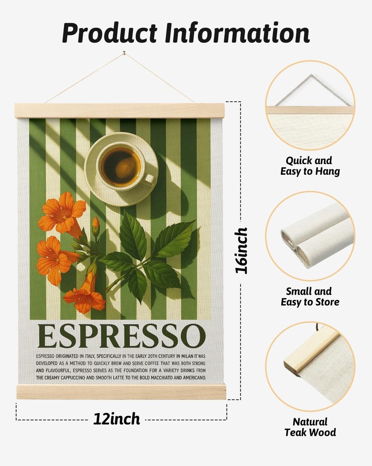 Espresso Coffee Wall Art Poster Hanger Frame, Vintage Green Striped ...