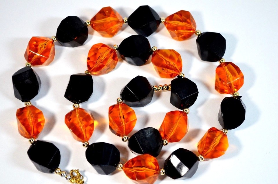 Art Deco Faux Amber Necklace Faux Onyx Lucite Faceted Sagaofluck | eBay