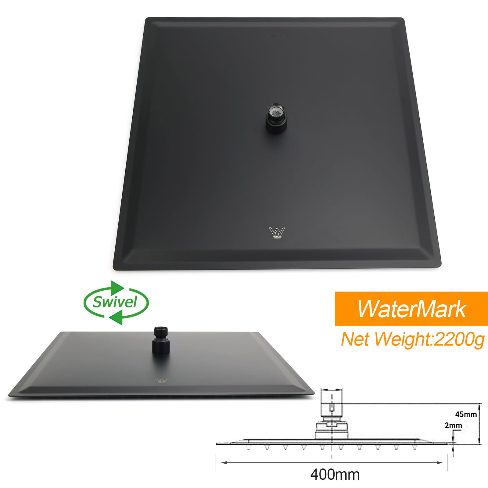 Matte Black 16" 400mm Stainless Steel Square Rain Shower Head 200mm ...