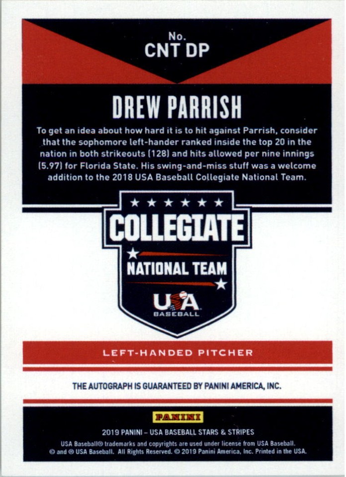 2019 USA Baseball Stars and Stripes College Black Ink #25 Drew Parrish ...