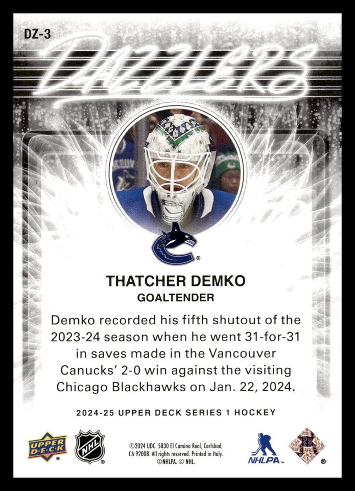 2024-25 UD Series 1 Dazzlers DZ-3 Thatcher Demko, Vancouver Canucks | eBay