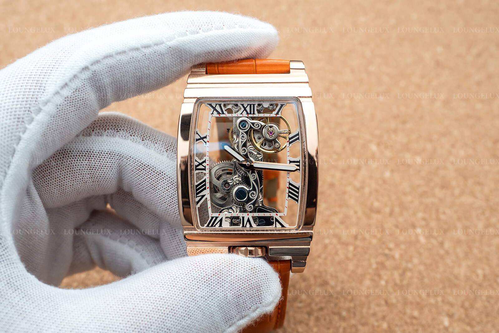 Mens Rose Gold Bridge Manual Mechanical Watch - Orange Leather ...