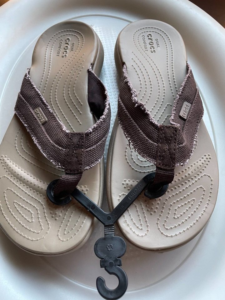 CROCS FLIP FLOP SANDAL SHOE CANVAS STRAPS SIZE M 7 W 9 BROWN NEW | eBay