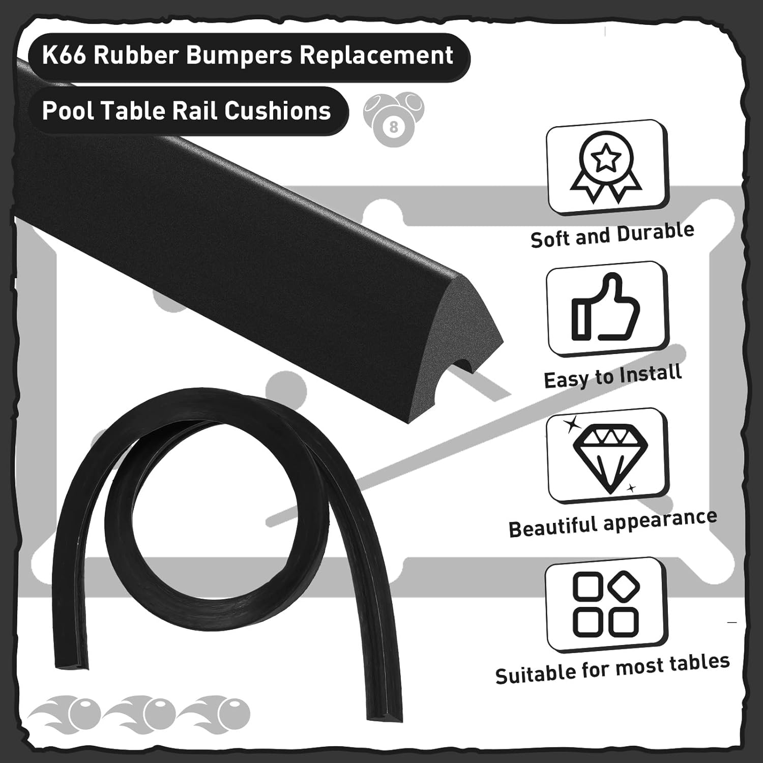 Set of 6 K66 Rubber Bumpers Pool Table Bumpers Replacement Pool Table ...