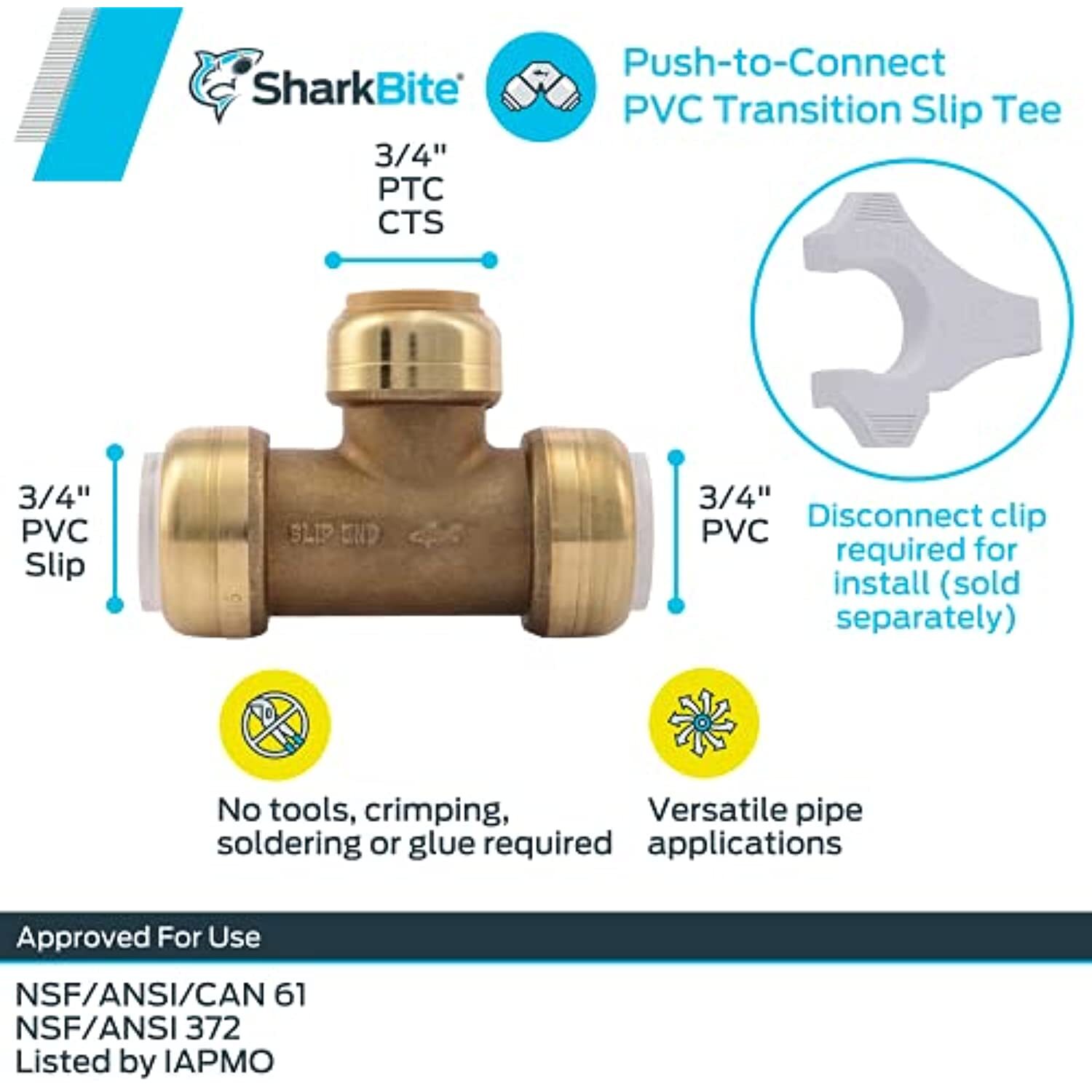 SharkBite 3/4 Inch PVC x 3/4 Inch PVC x 3/4 Inch CTS Slip Tee, Push To ...