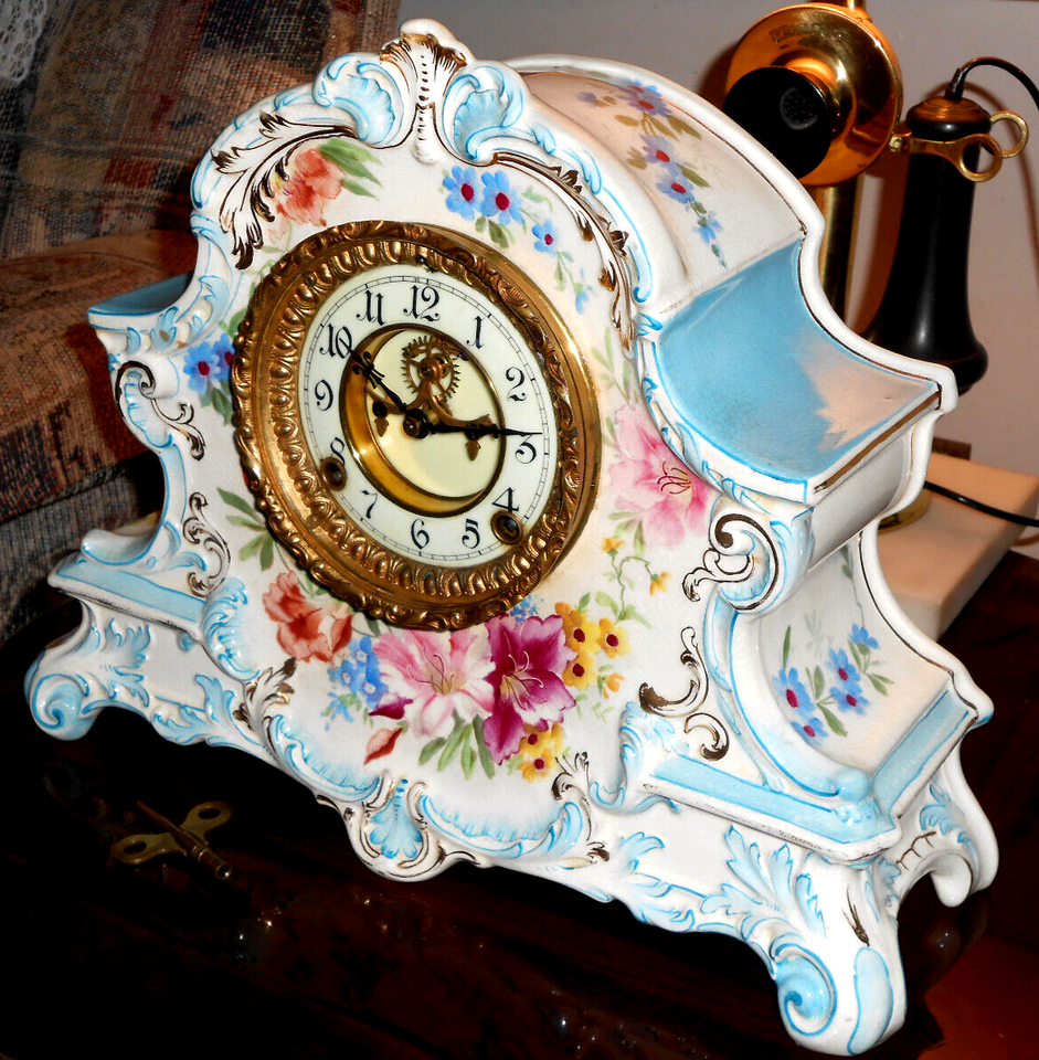 ANTIQUE ANSONIA ROYAL BONN "LA NORD" KEY WIND BONG STRIKE PORCELAIN ...