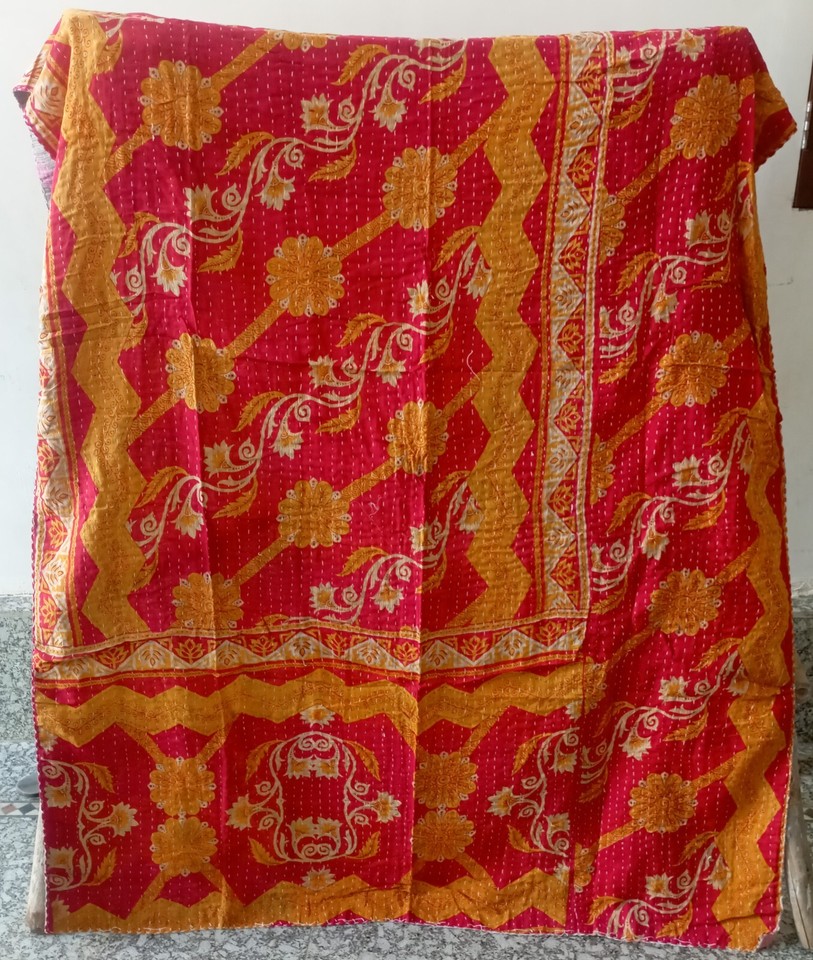 Vintage Kantha Quilt Throw Indian Handmade Bedspread Cotton Blanket ...