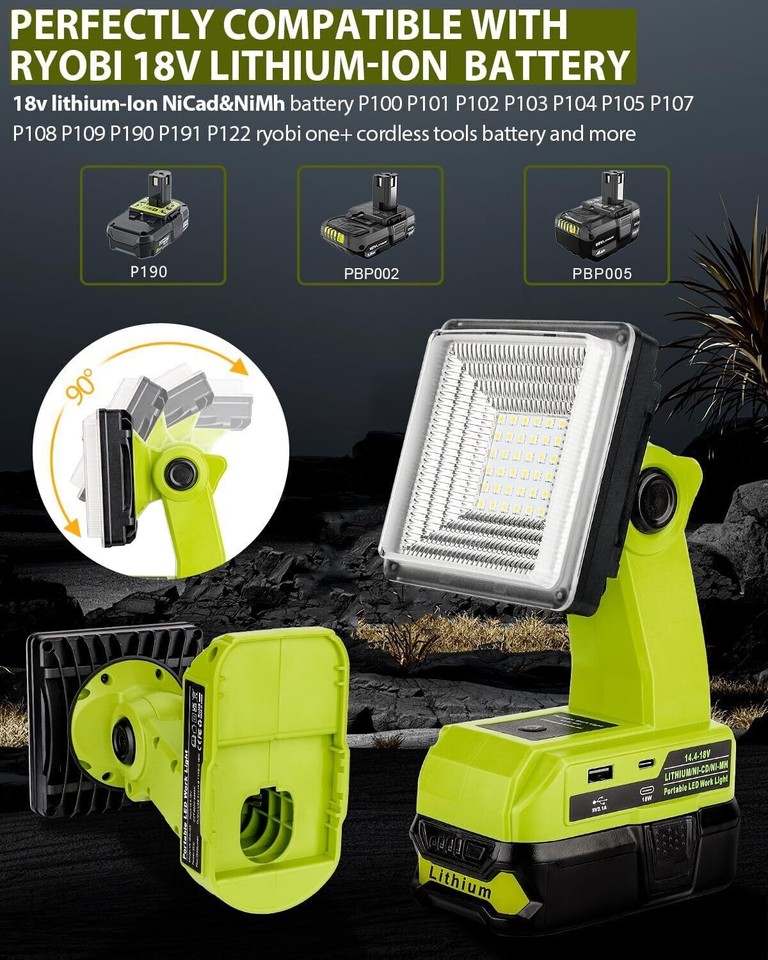 Cordless LED Work Light for Ryobi 18V Battery 15W LED Floodlight ...