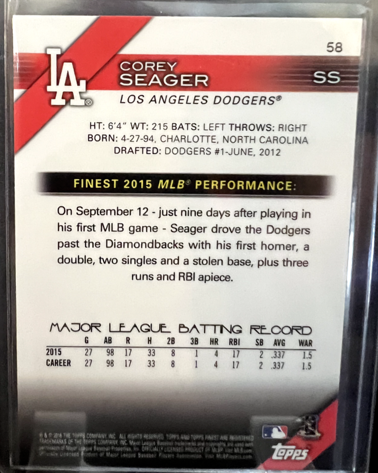 2016 Topps Finest - Corey Seager - Rookie Card #58 Dodgers / RC | eBay