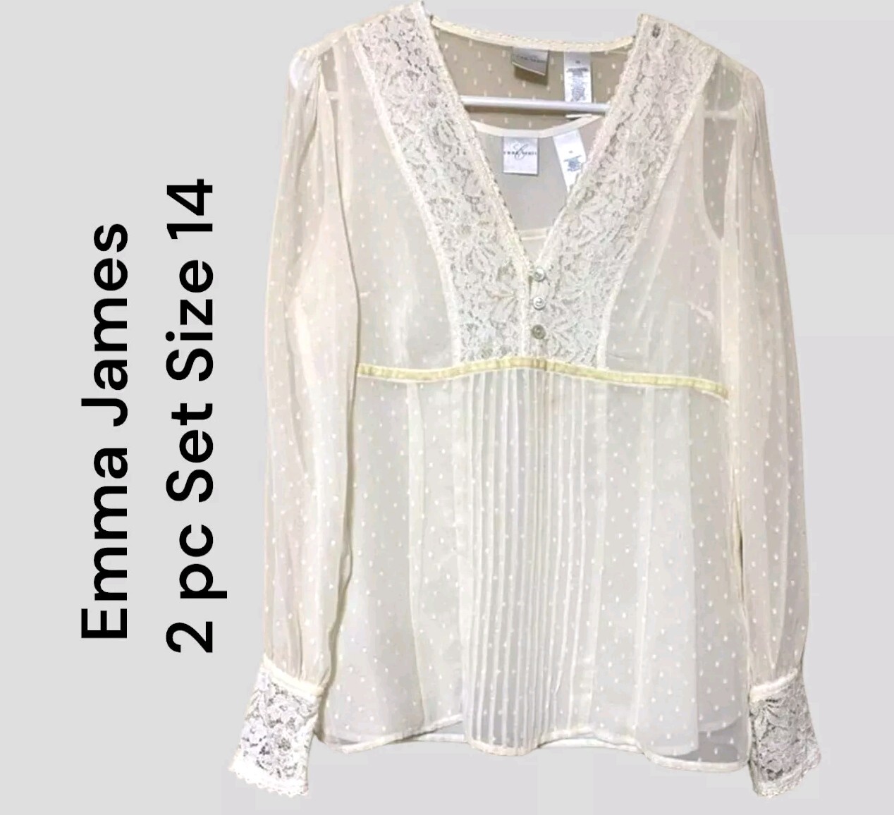 New Emma James 2 pc Set Blouse & Cami, Tank Camisole Sheer Dotted Swiss ...