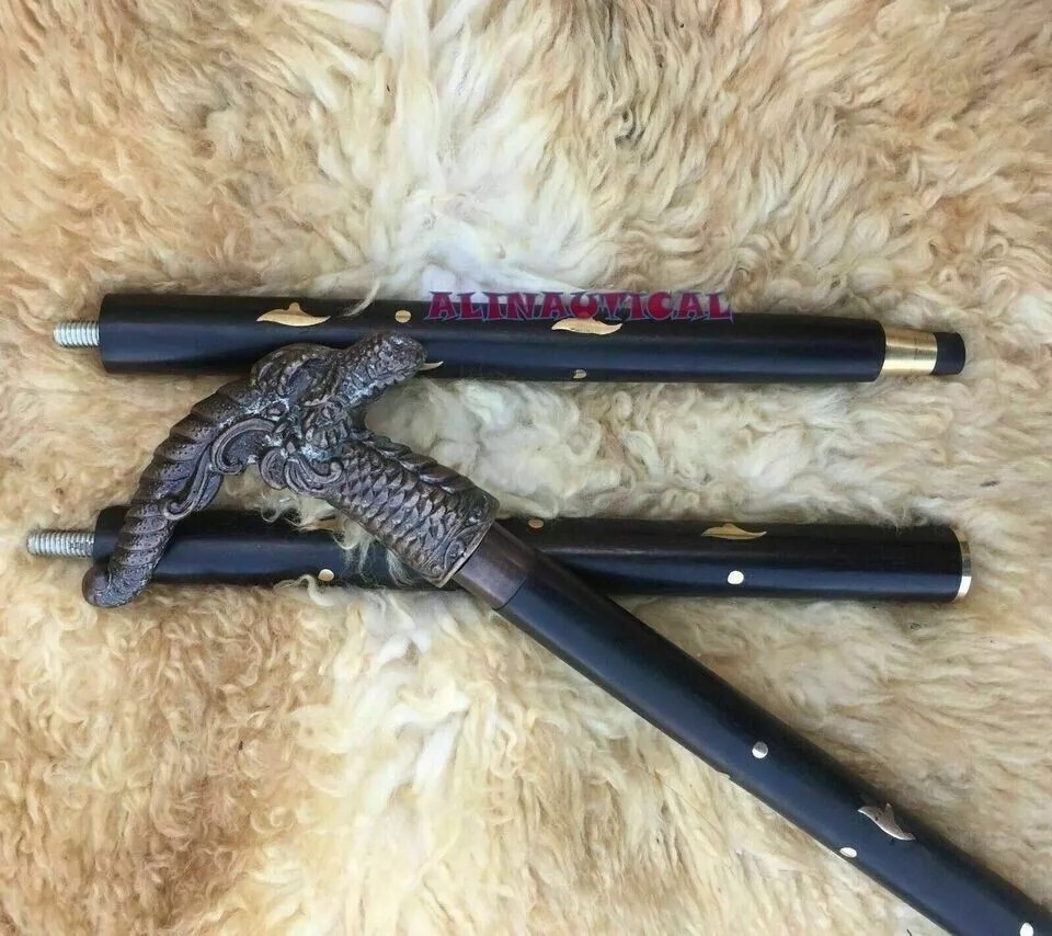 Vintage Walking Stick Dragon Head Cane Handle Black W… - Gem
