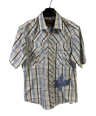 Los Altos Boots Mens Medium WESTERN Cowboy Shirt Blue Plaid PEARL SNAP ...