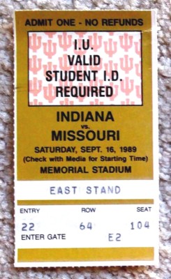 INDIANA UNIVERSITY HOOSIERS FOOTBALL TICKET STUB v MISSOURI 1989 - A ...