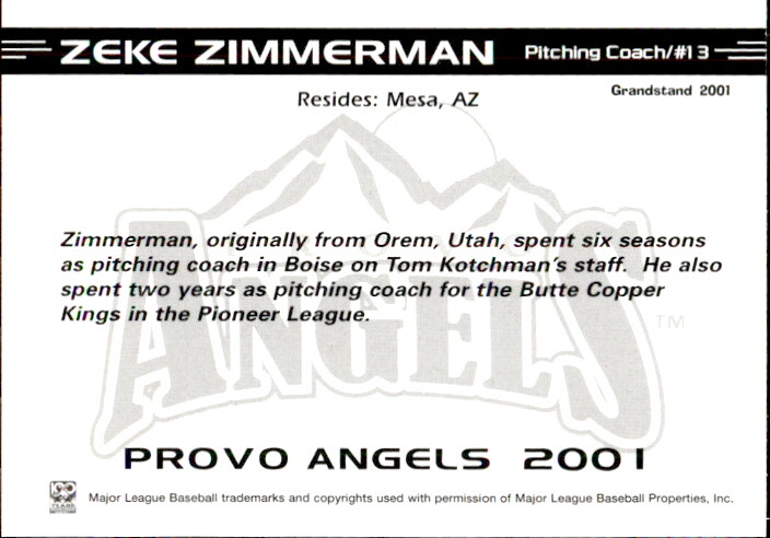 2001 Provo Angels Grandstand #13 Zeke Zimmerman Mesa Arizona AZ ...