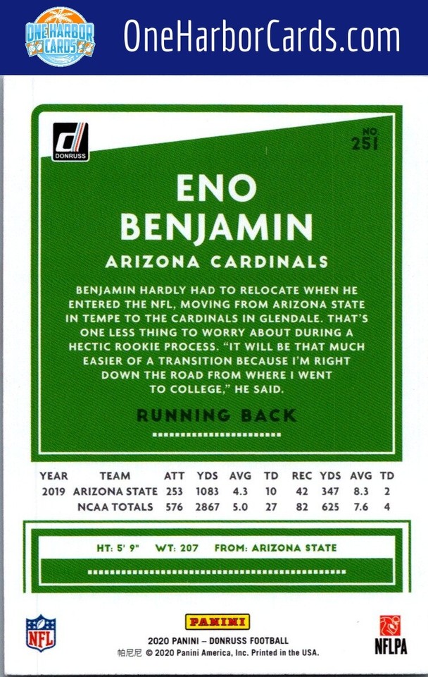 2020 Donruss Arizona Cardinals Football Card #251 Eno Benjamin | eBay