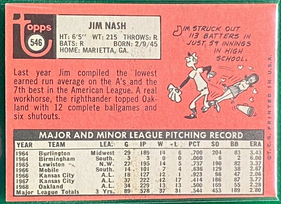1969 Topps 546 Jim Nash Oakland Athletics A's | eBay