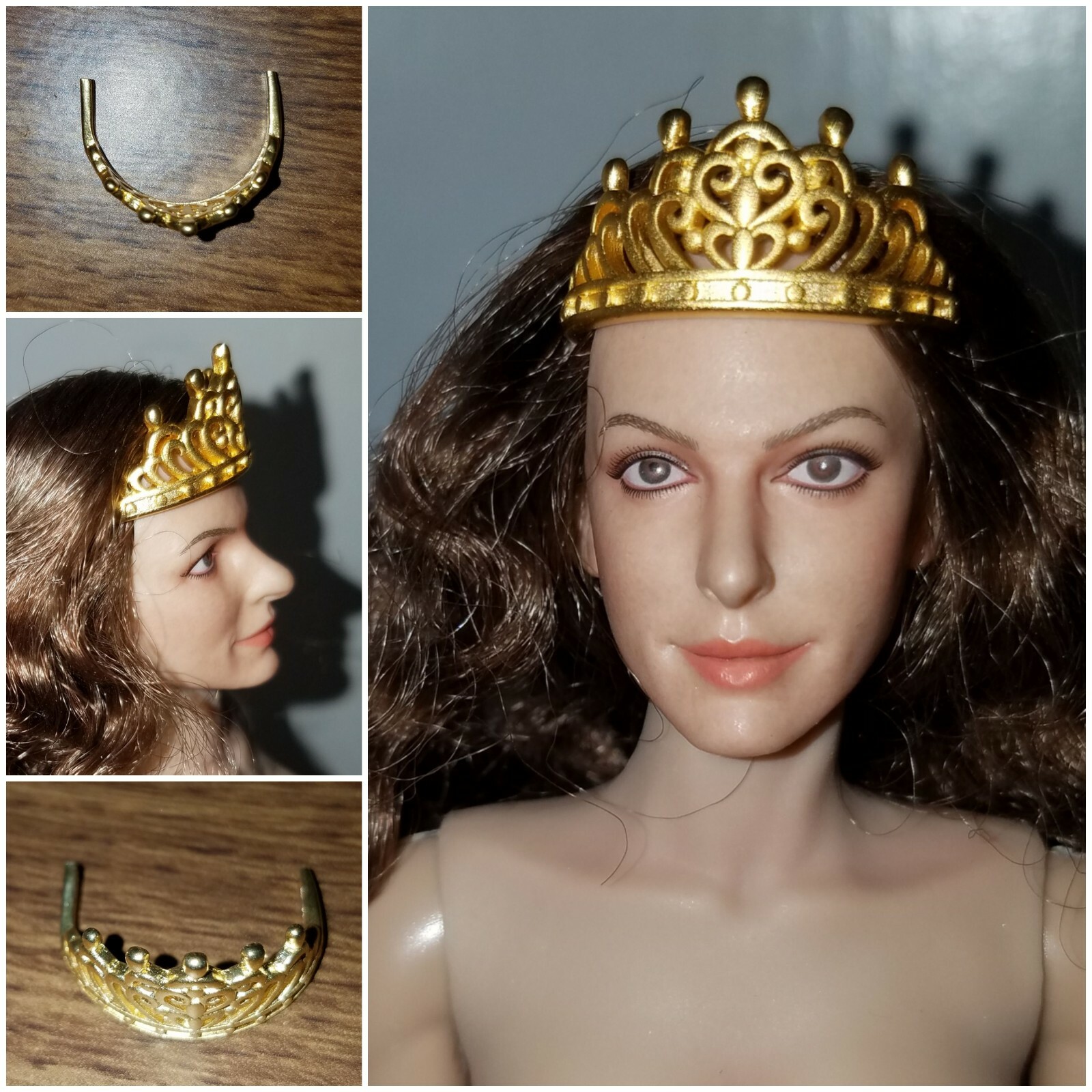 1/6 GOLD Metal Tiara Crown Crystal Barbiee Phicen Queen Princess Model ...