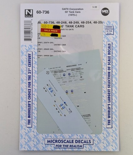 Microscale Decals 60-736 N Scale GATX Corporation 50' Tank Cars (1970 ...