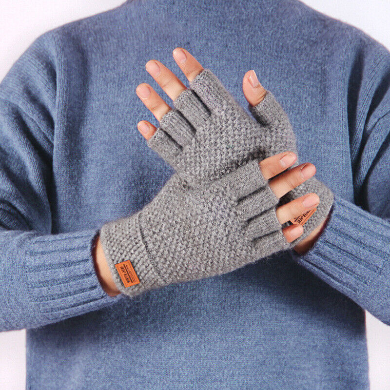 Men's Winter Wool Fingerless Gloves Thermal Knitted Half Finger Mitten ...