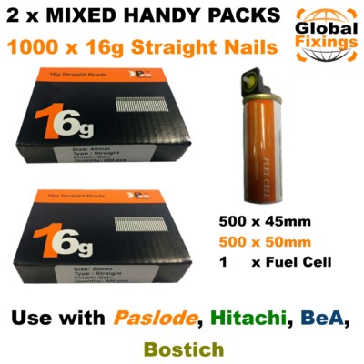 2 x Handy Packs 45mm+50mm 1000 16g STRAIGHT & 1 x Fuel Cell for Paslode ...