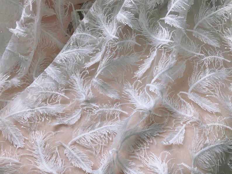 Lace Fabric 1 Yard Embroidered Feather Lace with Sequins for DIY Bridal ...