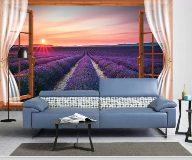 3D French Windows Lavender Sunset Wall Murals Wallpaper Murals Wall ...