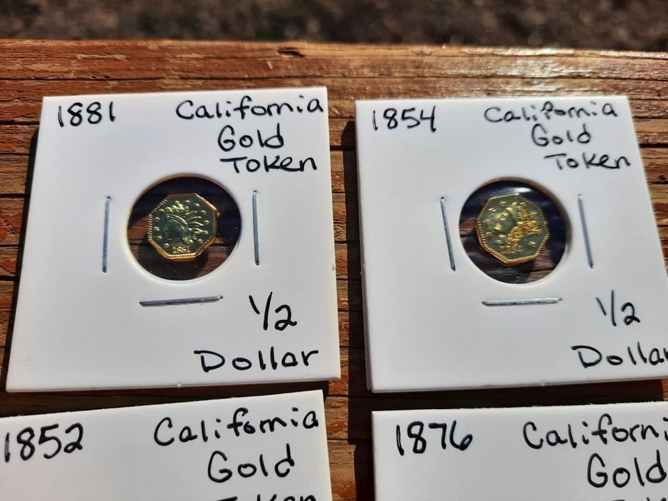 LOT OF 4 CALIFORNIA GOLD TOKENS FRACTIONALS 1852 1854 1876 1881 ...