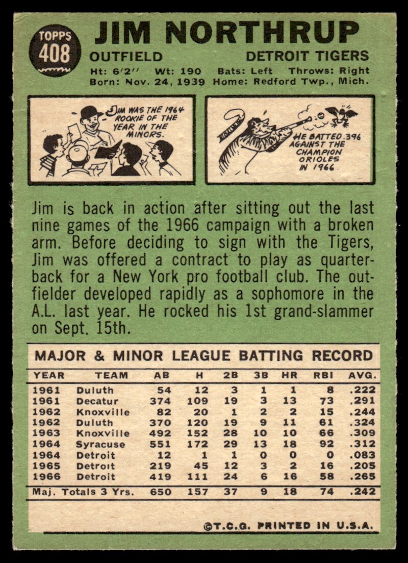 1967 Topps Baseball Jim Northrup Auto Detroit Tigers #408 Signed | eBay