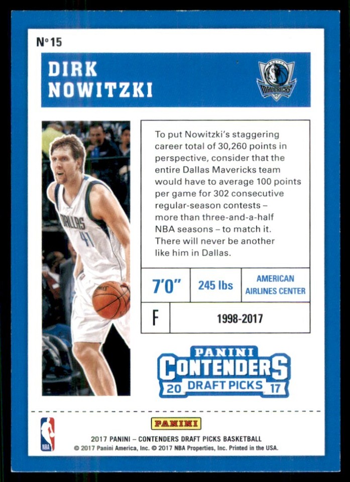2017-18 Panini Contenders Draft Picks Dirk Nowitzki Dallas Mavericks ...