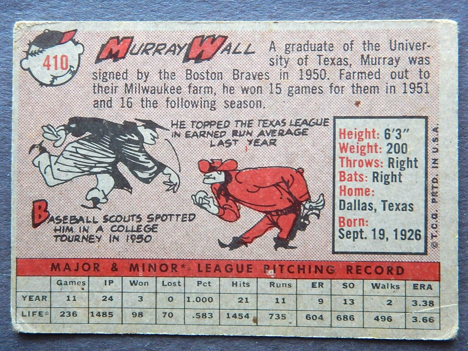 Murray Wall #410 Topps 1958 Baseball Card (Boston Red Sox) *G | eBay
