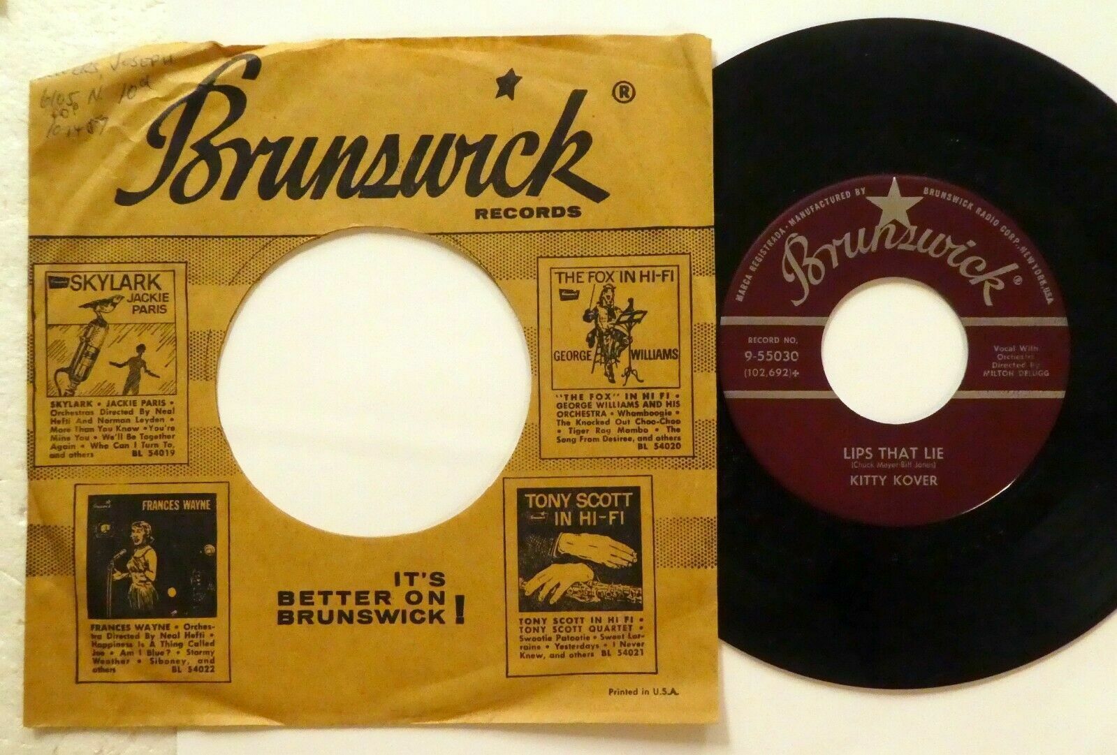 KITTY KOVER 45 Lips That Lie / Green Green Mountains BRUNSWICK 1950s ...