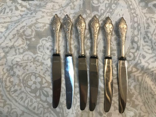 6 VINTAGE ROSTFREI SILVER PLATED BUTTER KNIVES ENGRAVE SCROLL LEAF ...