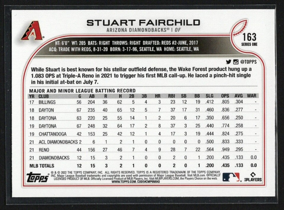 Stuart Fairchild 2022 Topps #163 Rookie - Arizona Diamondbacks | eBay