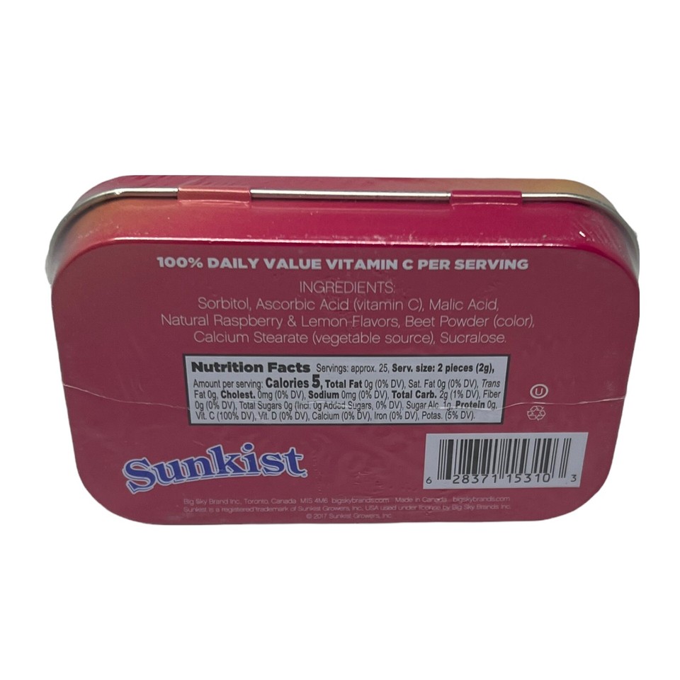 Sunkist Sours Raspberry Lemonade Orange Vitamin C 50 Sugar Free Hard To ...