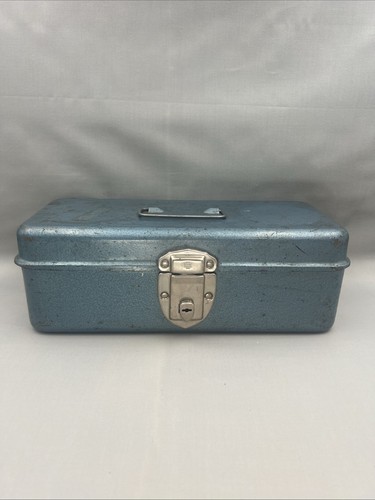 Vtg Metal Toolbox Tackle Box Retro Storage Container Blue Excelsior USA ...