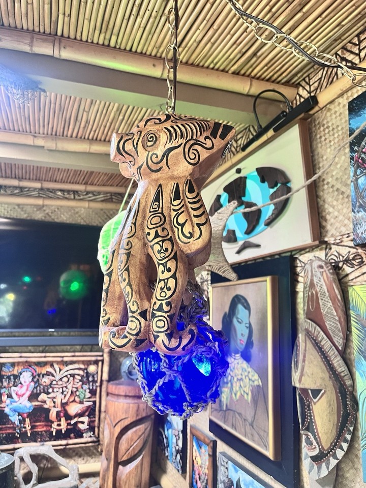 NEW Hanging Octopus Lamp w/ Blue Glass Fish Float Lamp LED Tiki bar ...