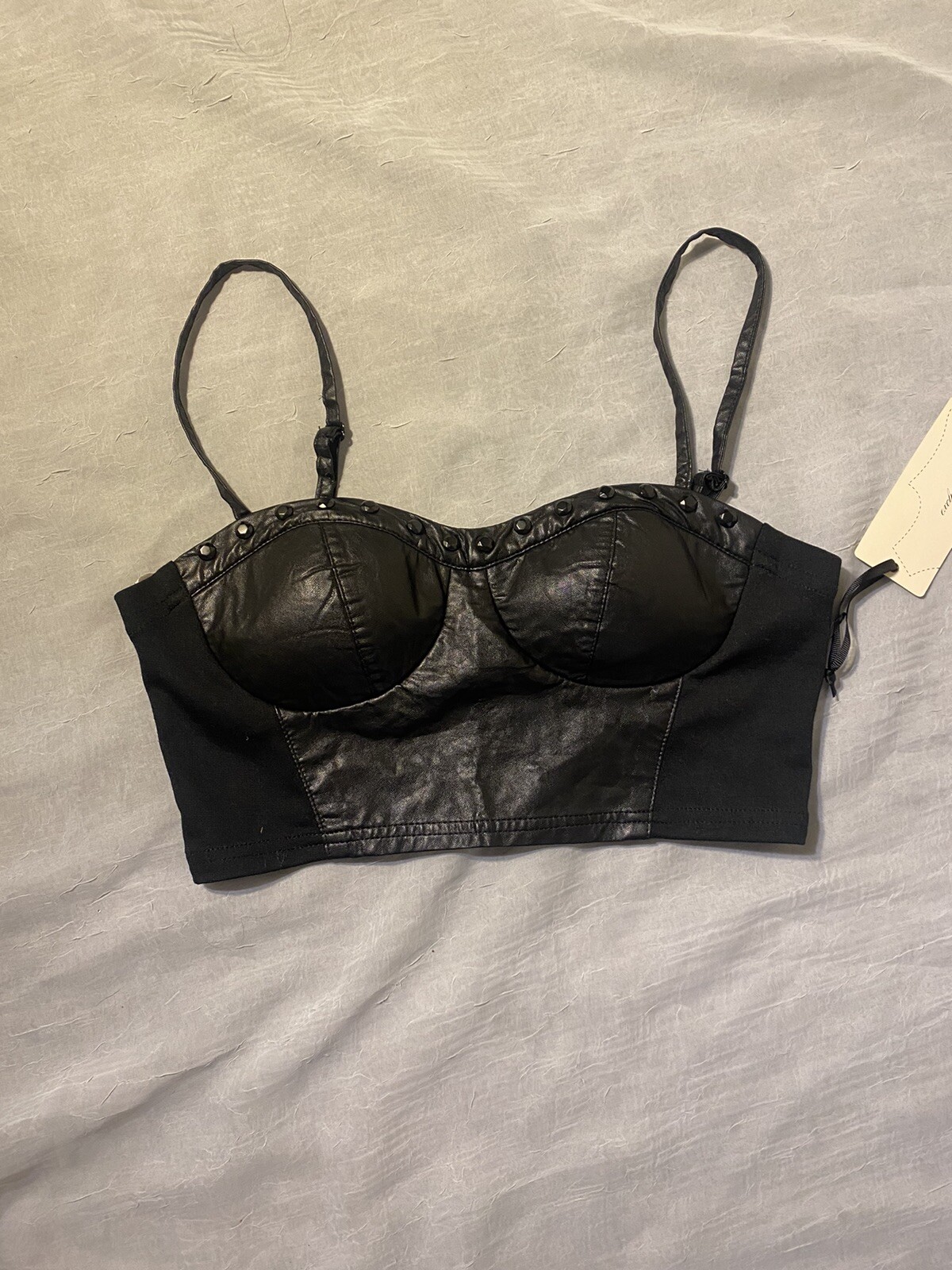 Forever 21 black faux leather bra adjustable rhinestone zip size Medium ...