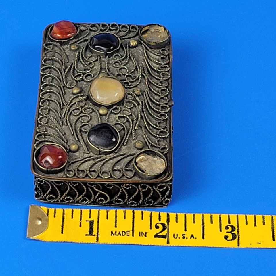 Vintage Silver Tone Filigree Trinket Box Gemstone Inlay Ornate Jewelry ...