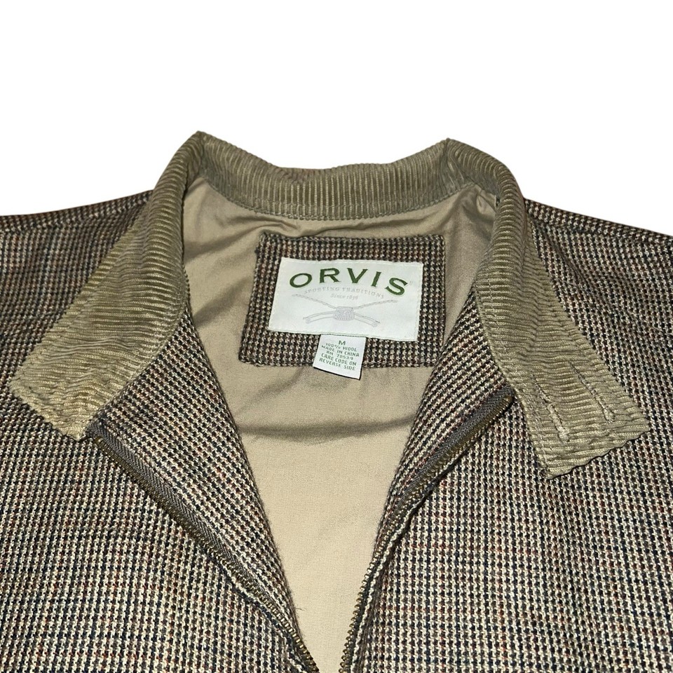 Mens ORVIS Tweed Wool Bomber Harrington Jacket XL Houndstooth Corduroy ...