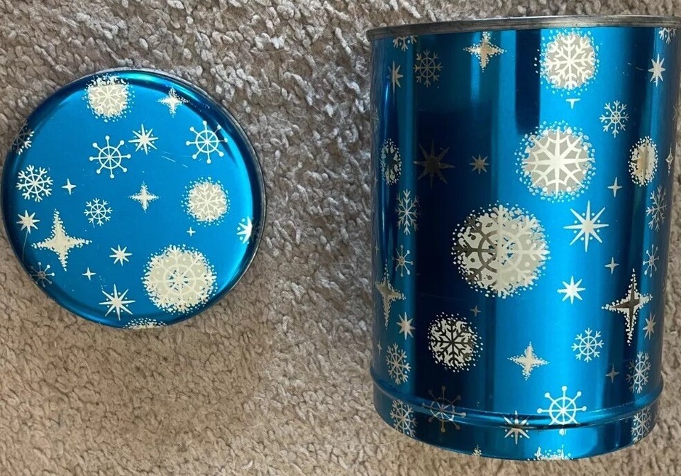 Blue Colored Tin with White & Silver Snowflakes and Stars 5 3/4" X 4 1/ ...