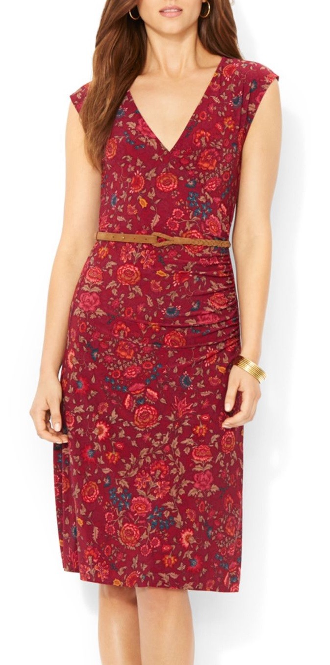 Ralph Lauren Bright Merlot Red Floral Braided Belt Stretch Jersey Dress ...