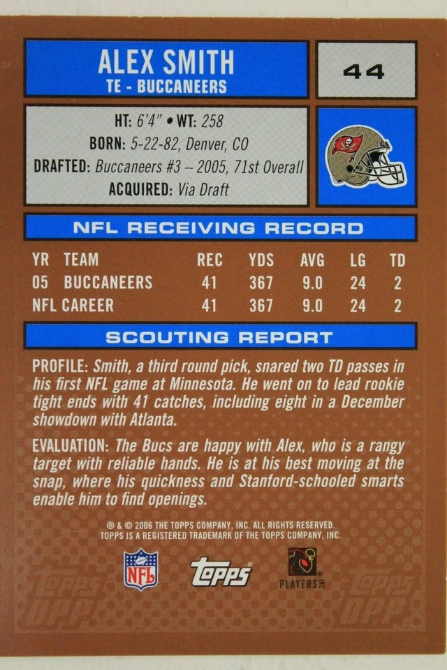 Alex Smith Tampa Bay Buccaneers Stanford Autographed Signed 2006 Topps ...