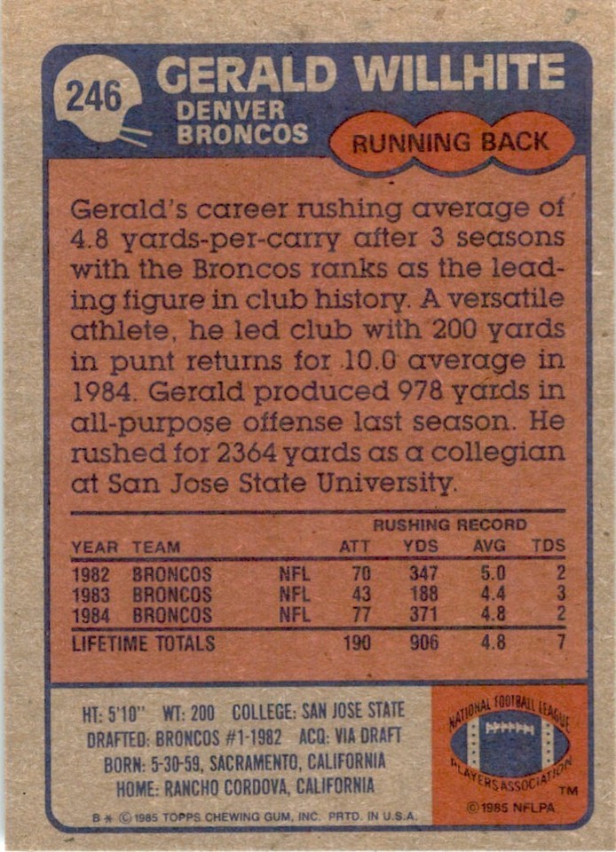 1985 TOPPS GERALD WILLHITE DENVER BRONCOS #246 | eBay