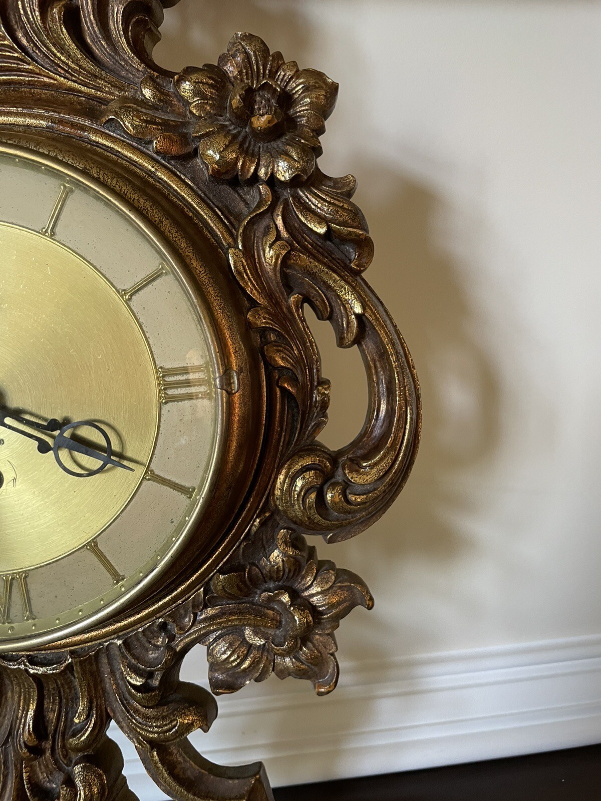 antique vintage French clock brass ornate wall clock wind up roses ...