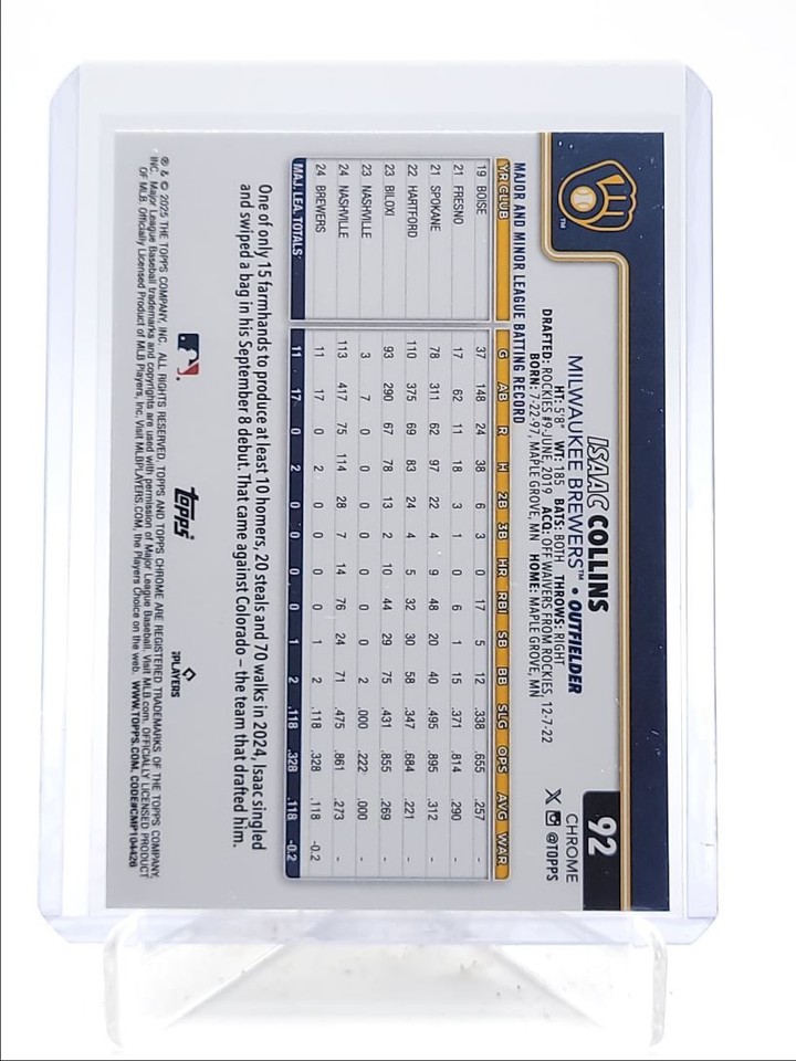 ISAAC COLLINS 2025 TOPPS CHROME SAPPHIRE ROOKIE BASEBALL B RC Q1940 | eBay